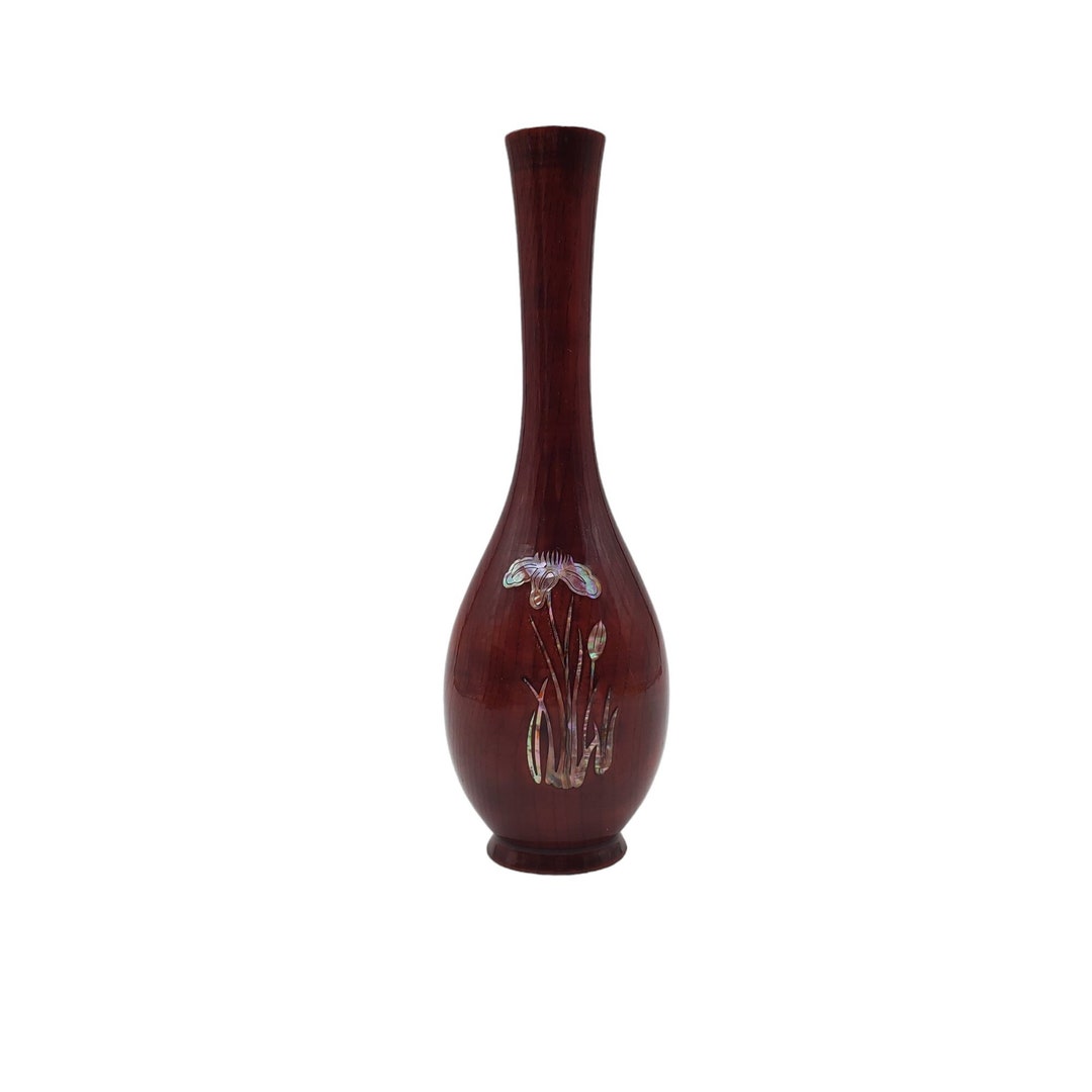 Vintage Inlaid Abalone Shell Iris Flower Red Brown Turned Wood Lacquer ...