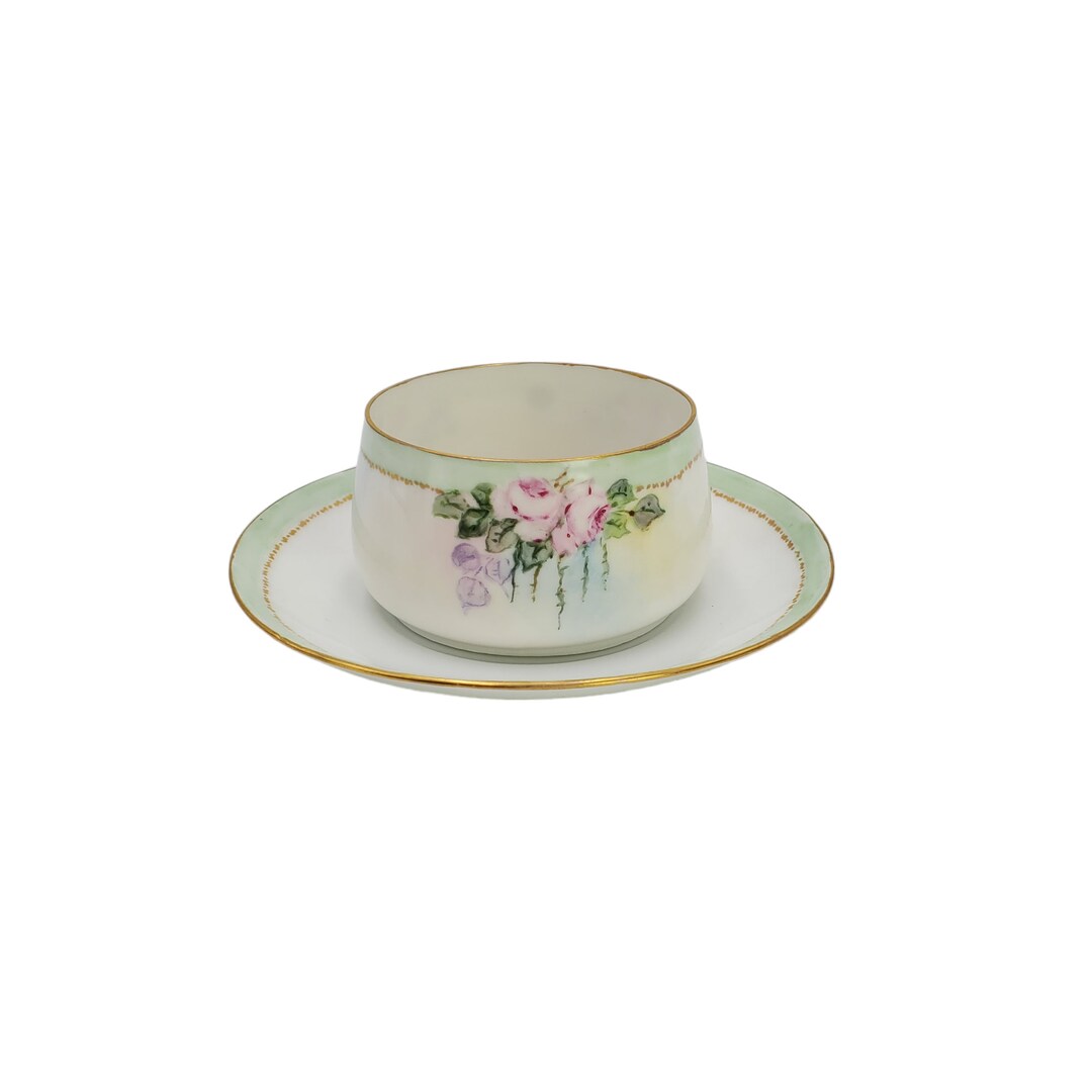 Vintage Silesia Hand Painted Floral Flower Green Gold Porcelain 8oz Teacup and Saucer 2 Piece ...