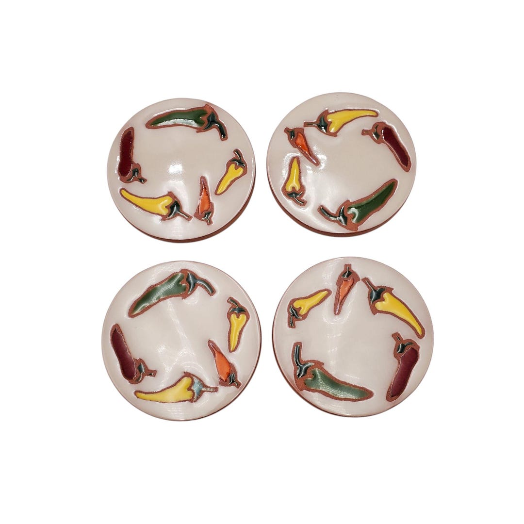 Vintage Set of 4 Red Yellow Green Spicy Chili Peppers 4" Round Ceramic ...