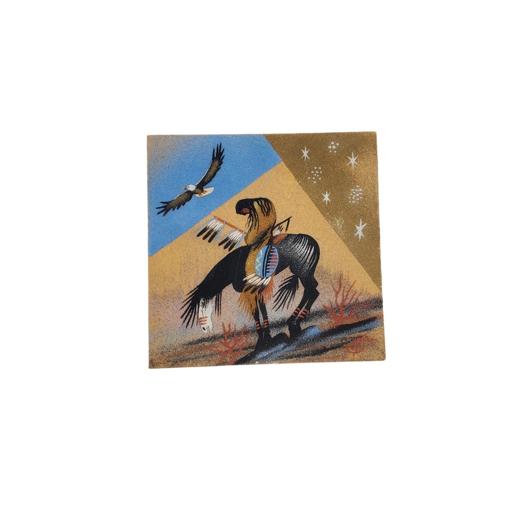 Vintage Handmade Native American on Horse Bowing Flying Eagle 8x8 ...