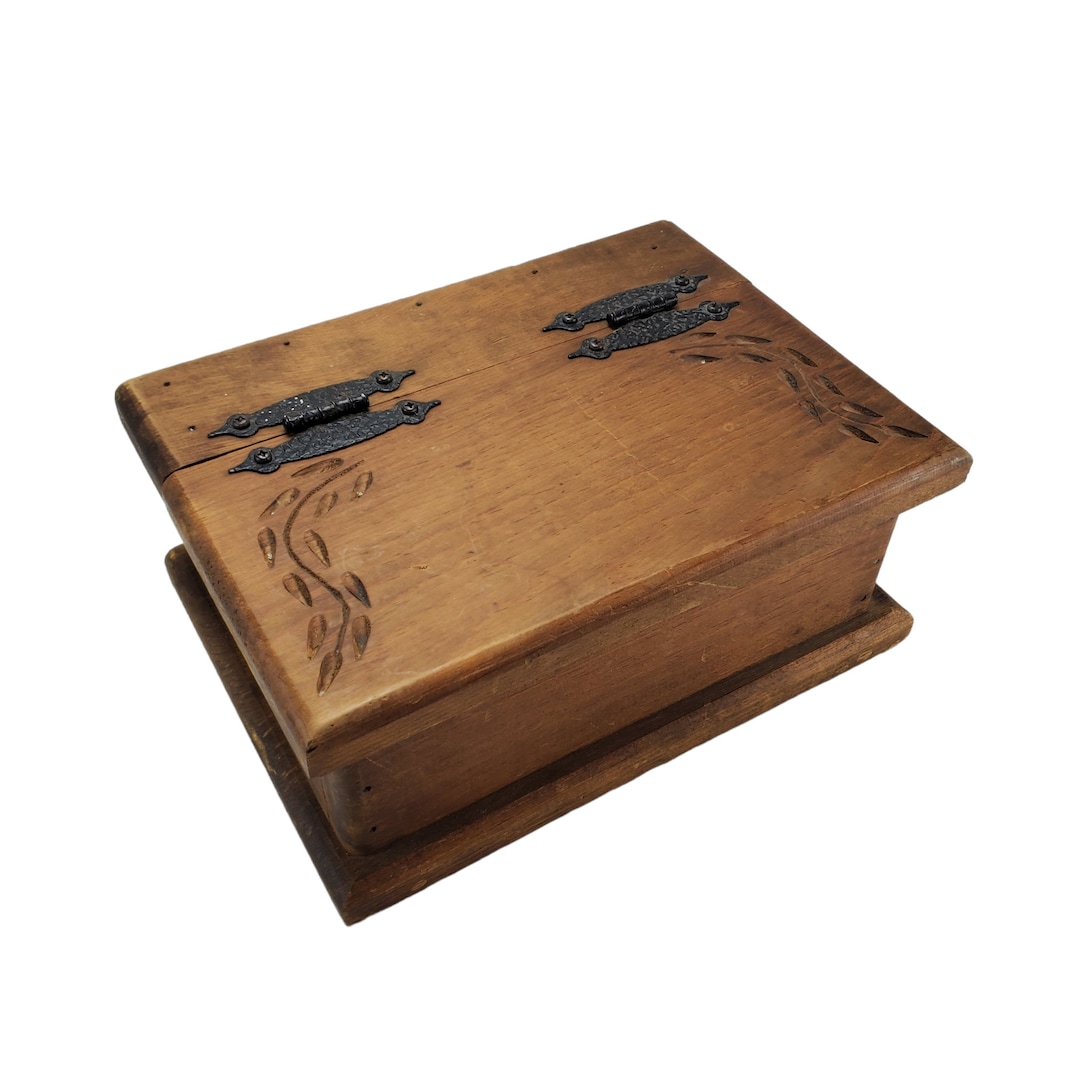 Vintage Carved Leaf Wooden Black Hinged Top Open Box - Etsy