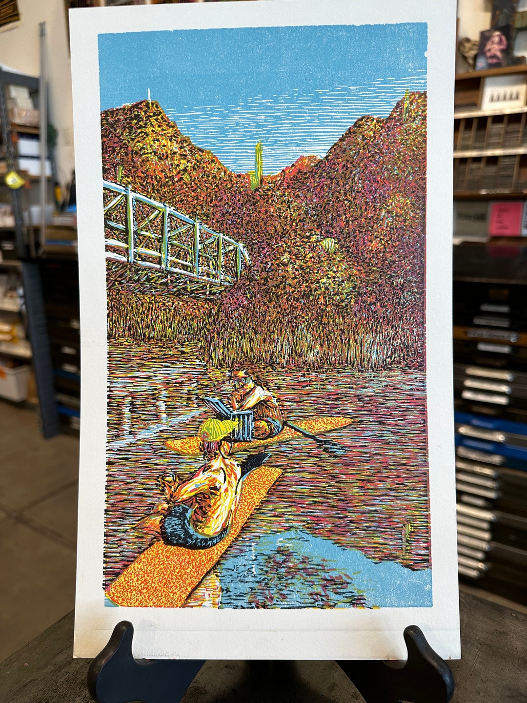 Eric Lindquist Artist, Woodcut, Canyon Lake, AZ Bridge/ Paddleboards, 3 ...