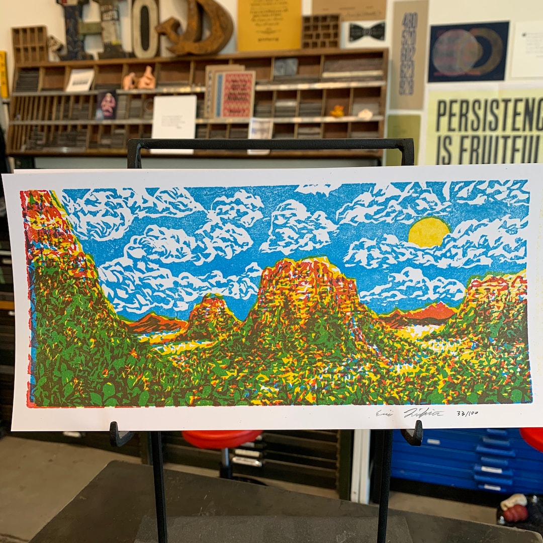 Eric Lindquist Artist, Woodcut, Sedona, 3 Color Letterpress Print, Blue ...