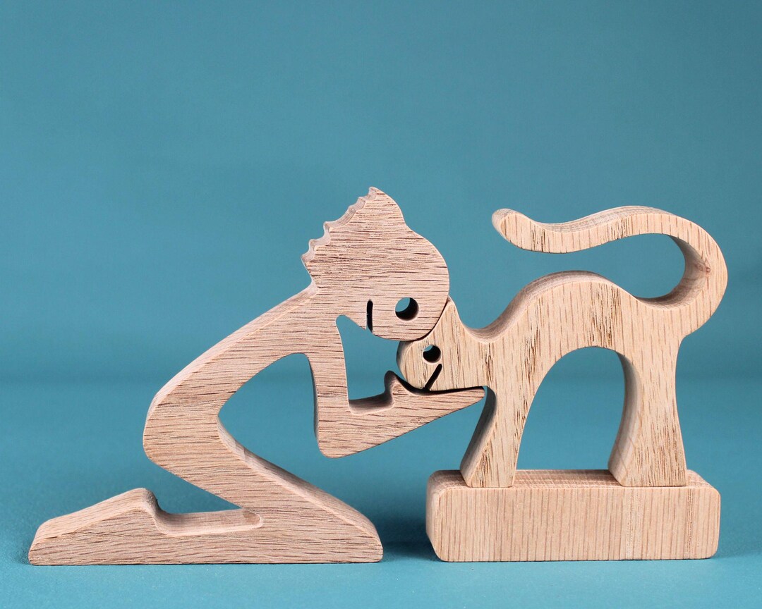 Handcrafted Oak Man and Cat Sculpture: Minimalist Pet Lover Gift - Etsy
