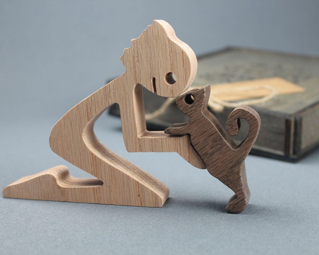 Minimalist Oak Wood Boy and Cat Sculpture: Brutalist Art Figurine - Etsy