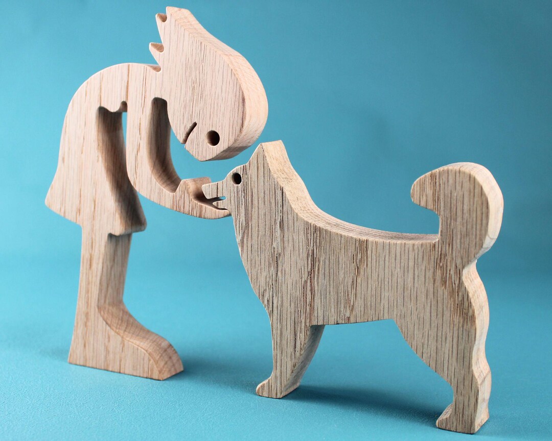 Handmade Wooden Woman and Siberian Husky Figurine: Minimalist Sculpture ...