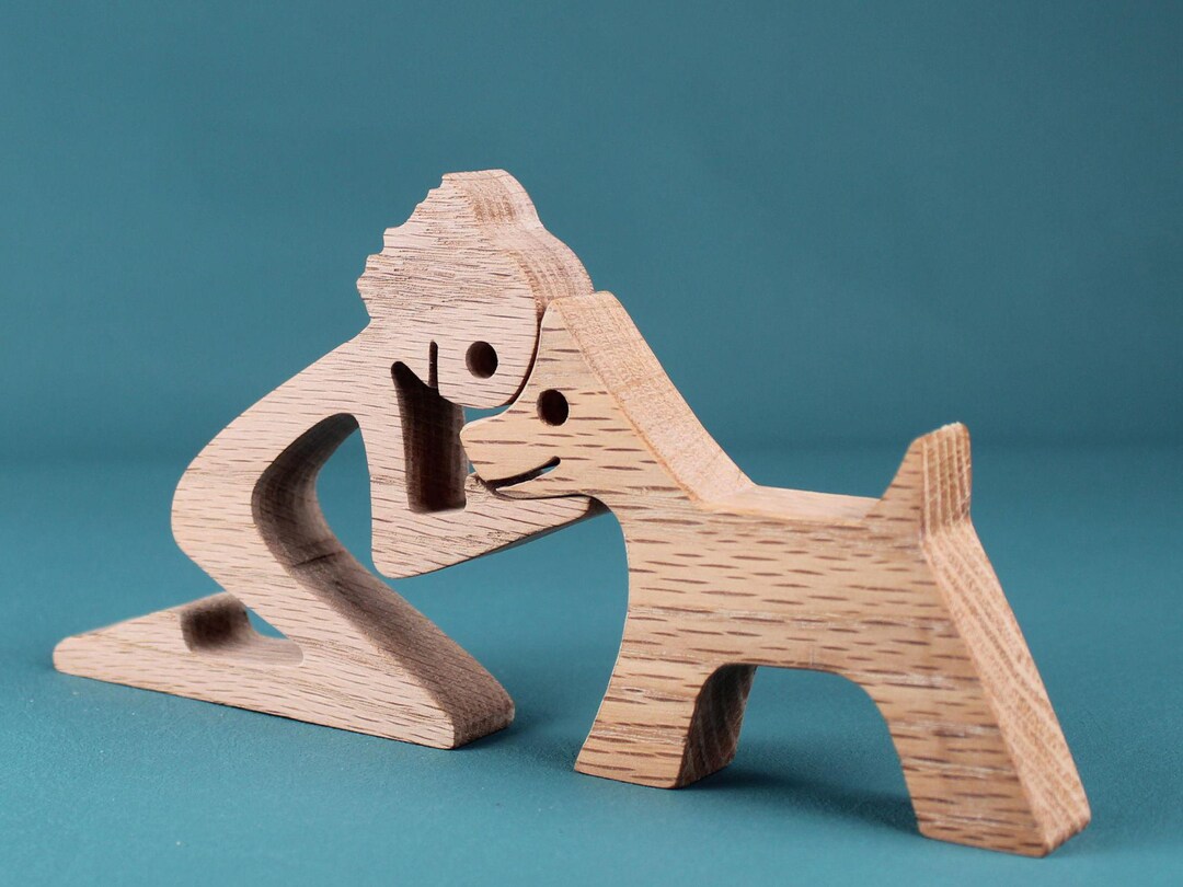Handcrafted Oak Man and Dog Sculpture: Minimalist Scroll Saw Art - Etsy