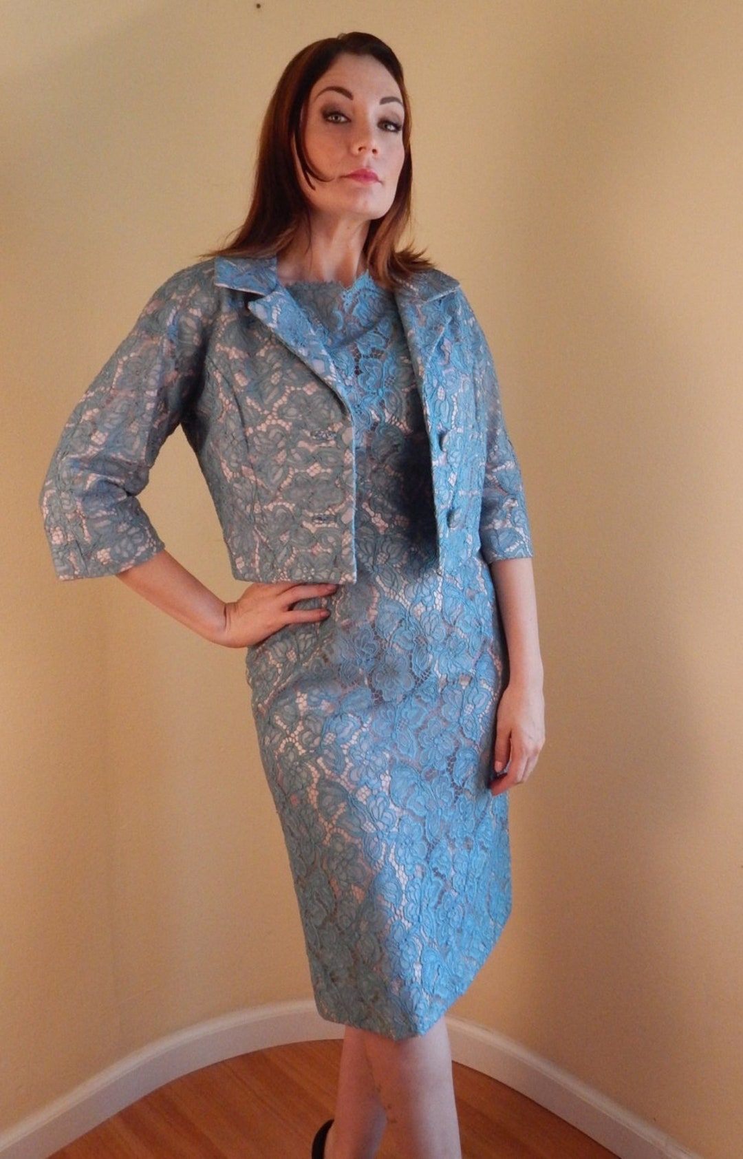 Vintage Lace Dress, Blue Lace Jacket, Handmade Appx Size 8 PERFECT Lace ...