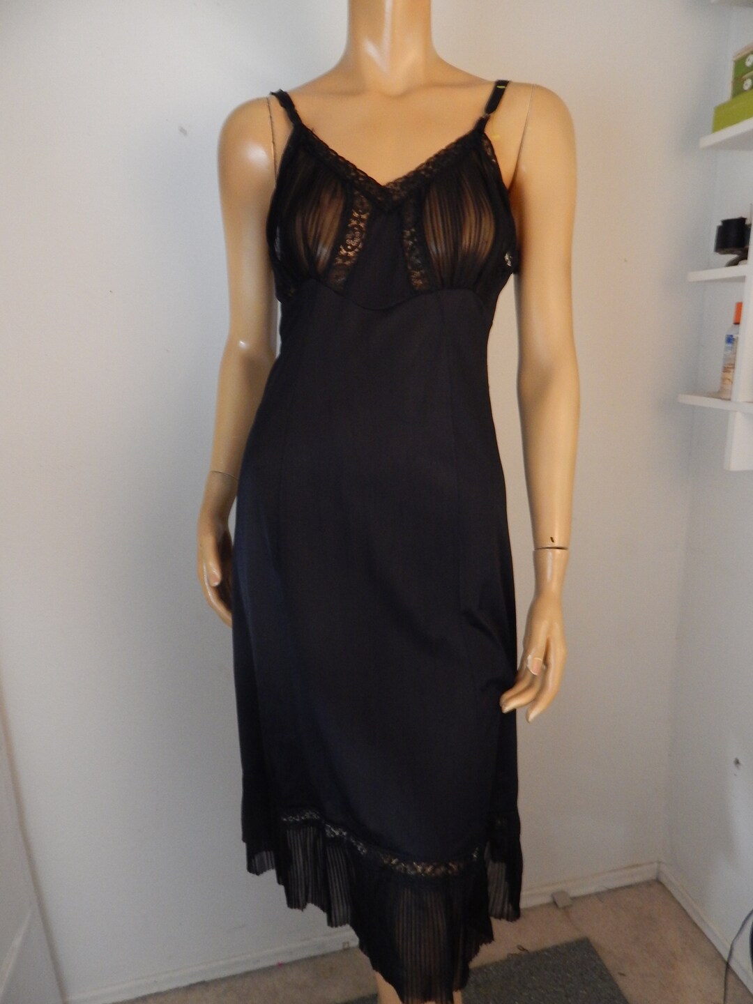 Vintage Black Slip, Sheer Pleated Cups, Adjustable Straps - Etsy