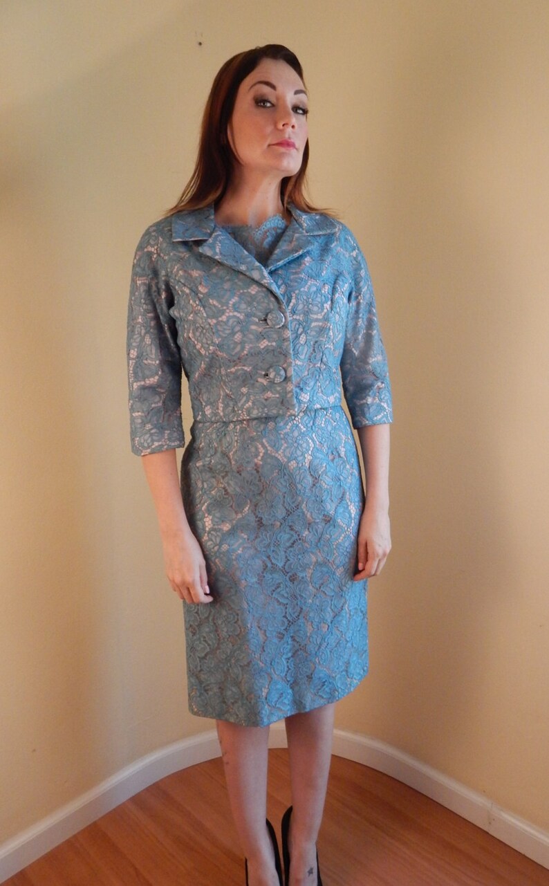 Vintage Lace dress blue lace jacket Handmade appx size 8 | Etsy