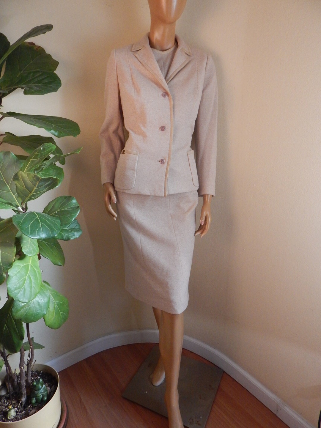 Womens All Cashmere Honey Brown Dress and Jacket Suit, Cashmere Blend ...