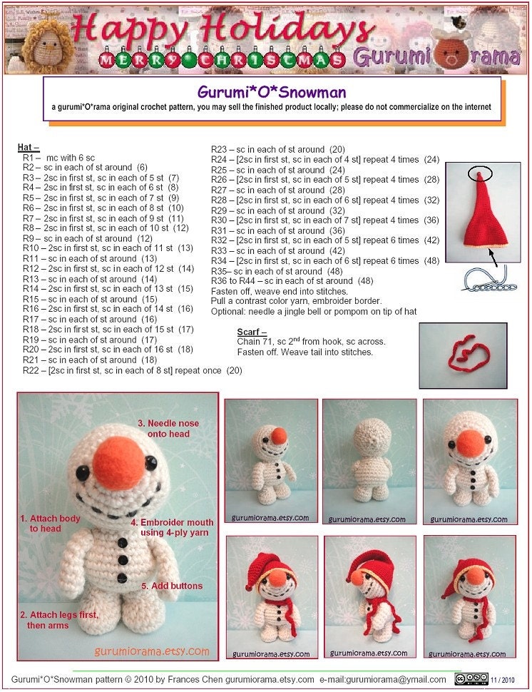 Amigurumi Snowman Crochet Pattern, Stuffed Plush Snowman Christmas Free Diy Pattern, Please See ...