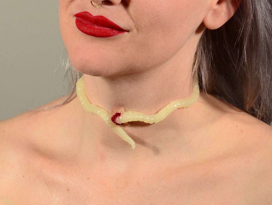 White Creepy Worm Penetrating Your Neck Horror Choker Prosthetic Creepy ...