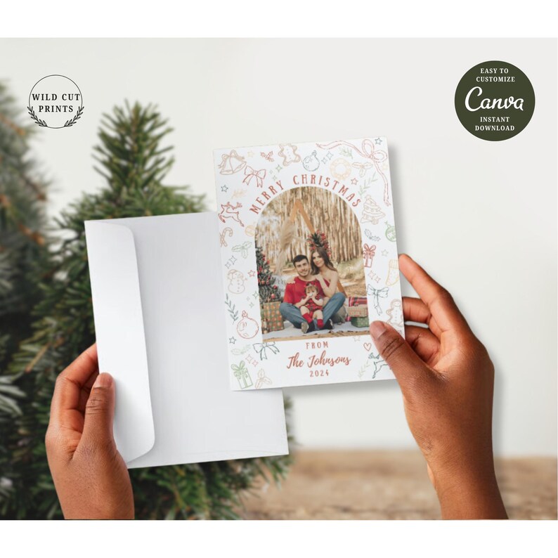 Editable Doodle Christmas Card Template, Boho Holiday Photo Card, 5 X 7 ...