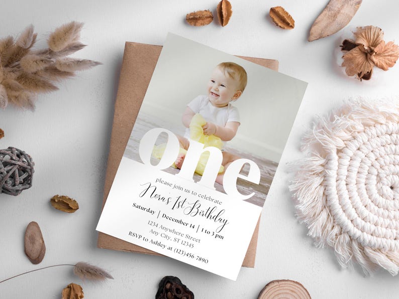 Editable 1st Birthday Photo Invitation Template, Minimalist Cute First ...