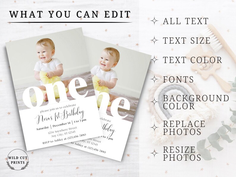 Editable 1st Birthday Photo Invitation Template, Minimalist Cute First ...