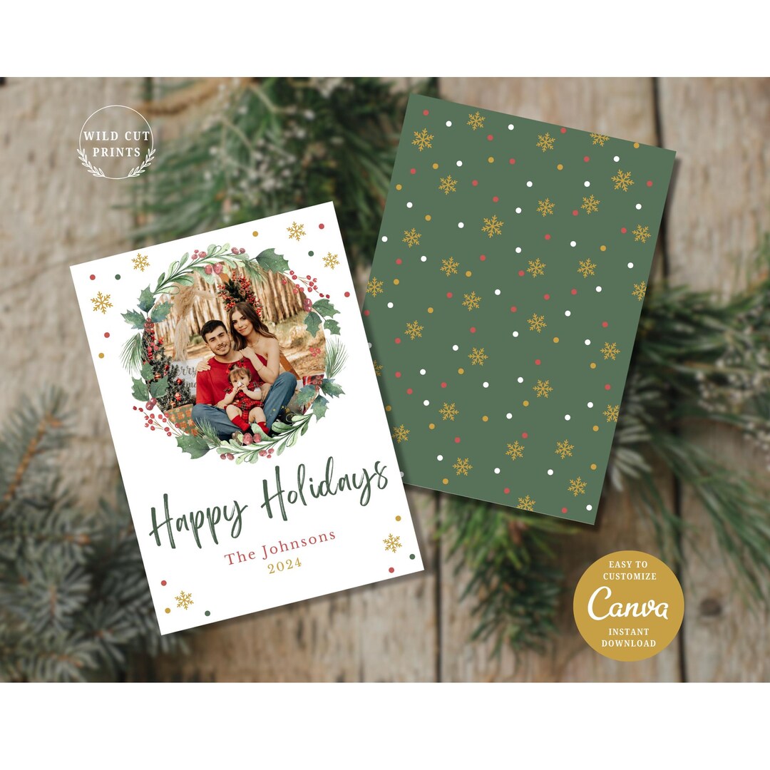 Editable Boho Custom Christmas Card Template, Wreath Christmas Photo ...
