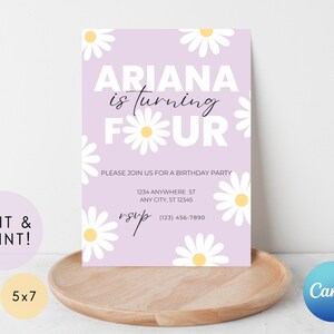 Editable Daisy 4th Birthday Invitation Template, Minimalist Fourth ...