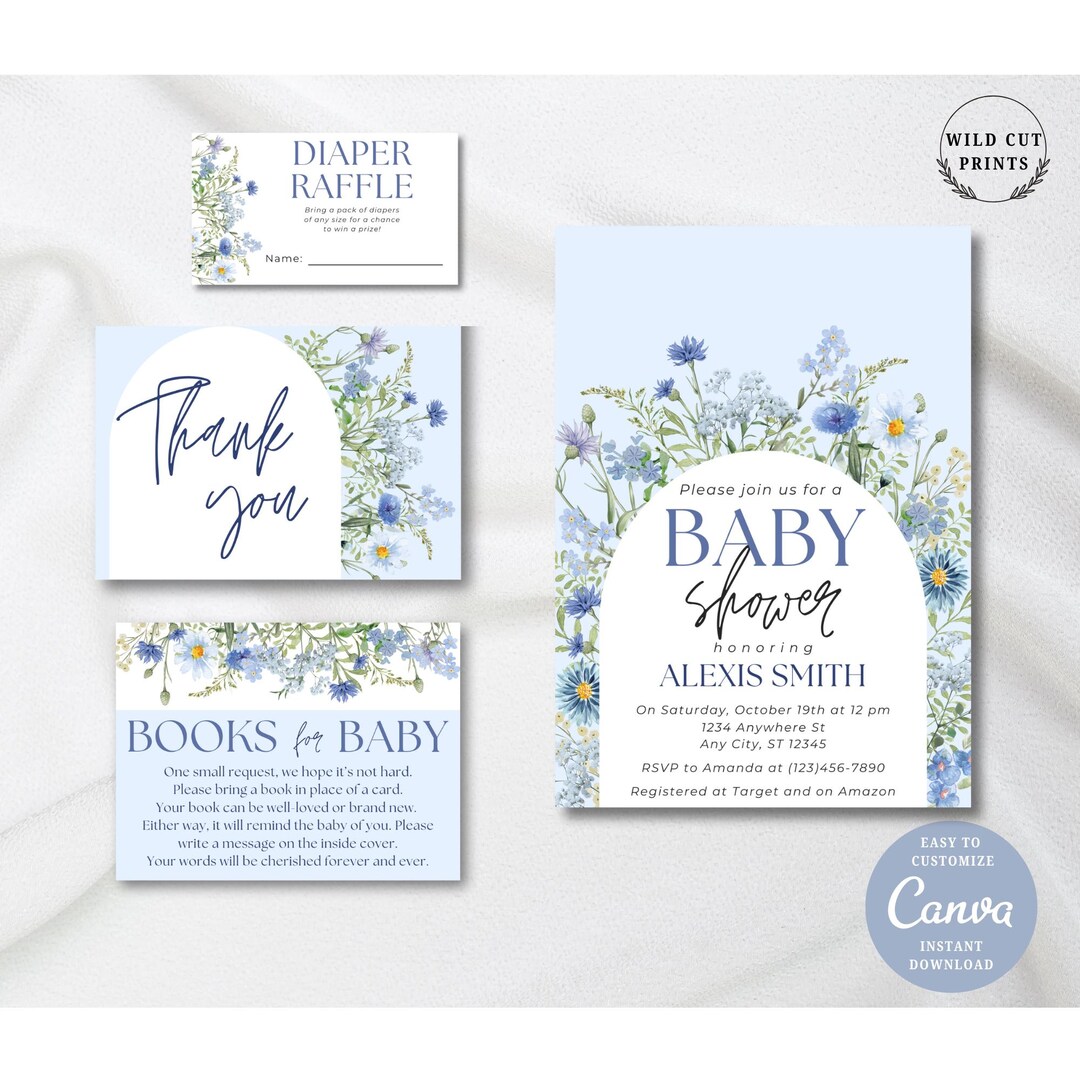 Editable Blue Floral Baby Shower Invitation BUNDLE, Blue Wildflower ...