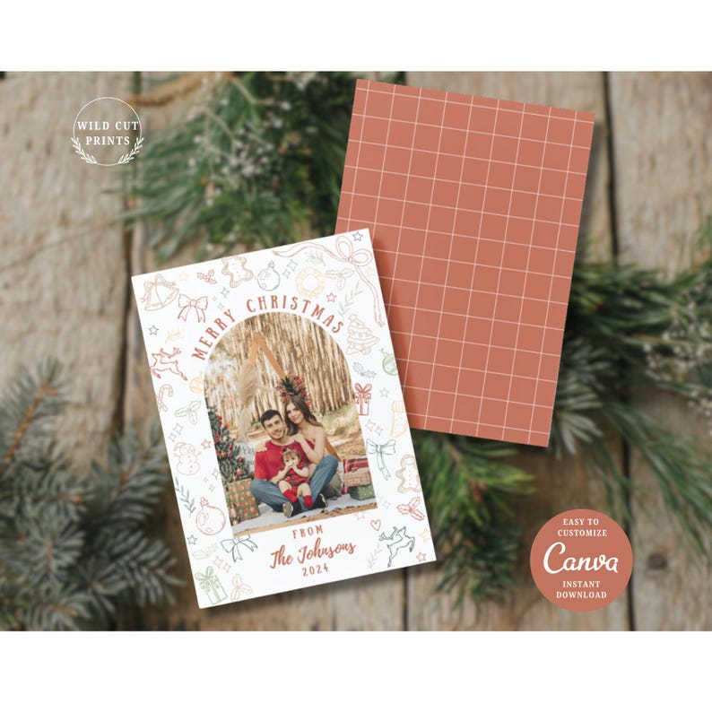 Editable Doodle Christmas Card Template, Boho Holiday Photo Card, 5 X 7 ...