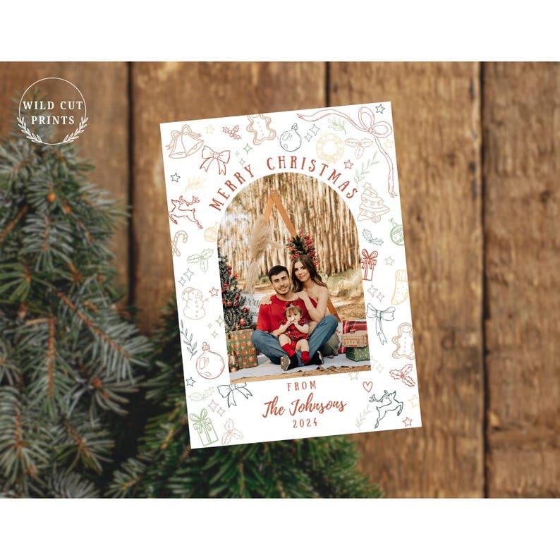 Editable Doodle Christmas Card Template, Boho Holiday Photo Card, 5 X 7 ...