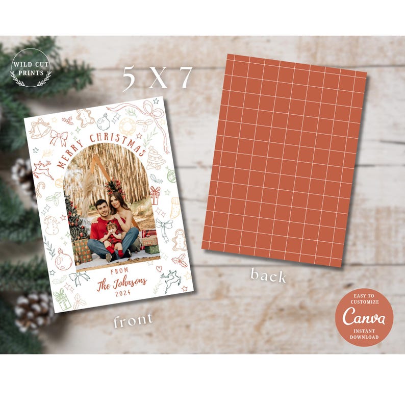 Editable Doodle Christmas Card Template, Boho Holiday Photo Card, 5 X 7 ...
