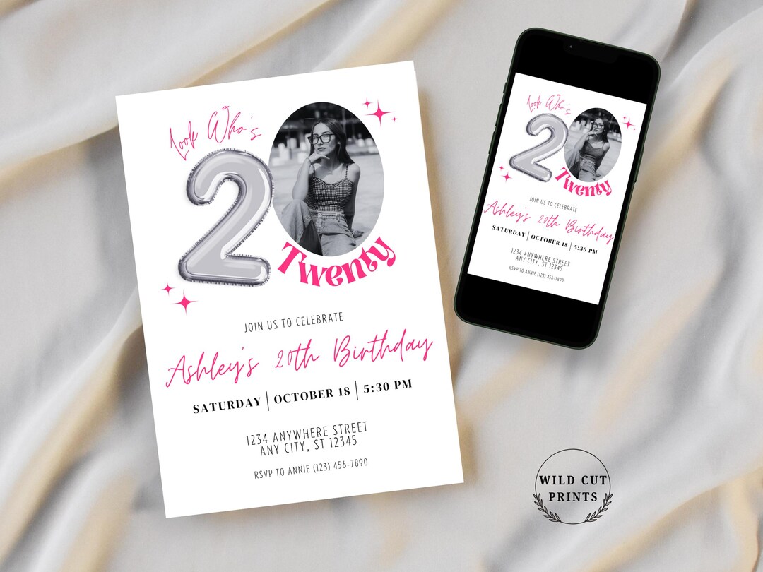 Editable Minimalist 20th Birthday Invitation Template, Pink 20th ...