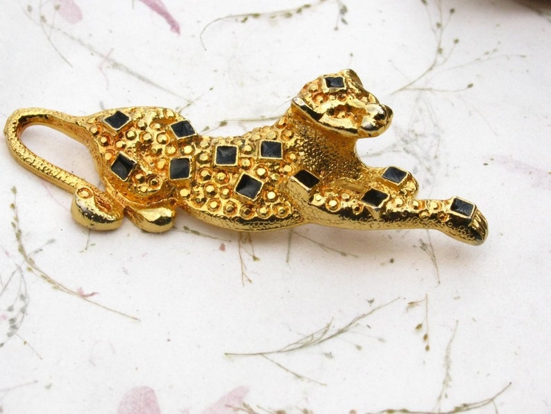 Gold Tone Leopard Brooch With Black Enamel Spots - Etsy