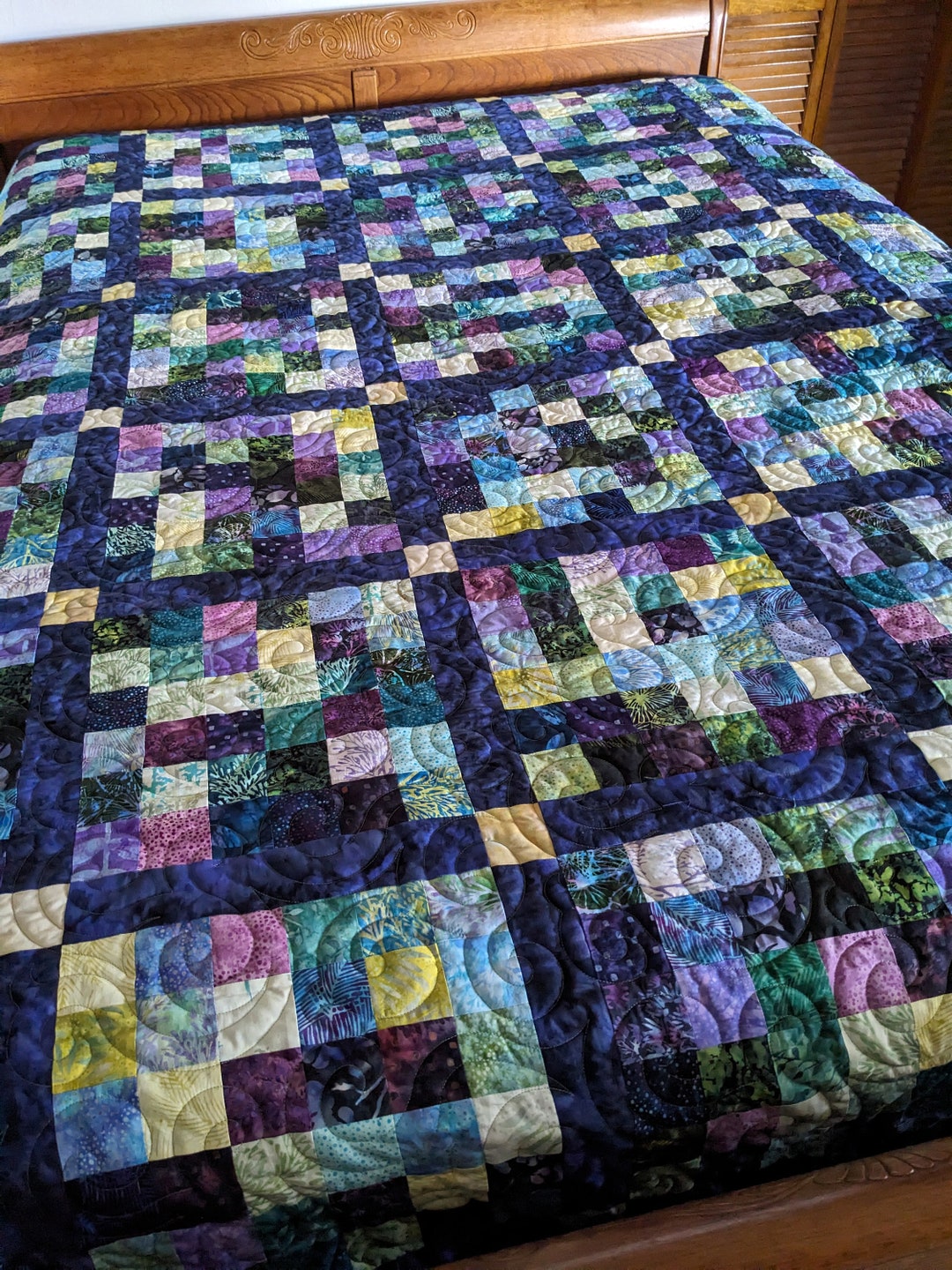 King Size Patchwork Batik Quilt 98 X 98. Purple, Green, Blue, Yellow ...