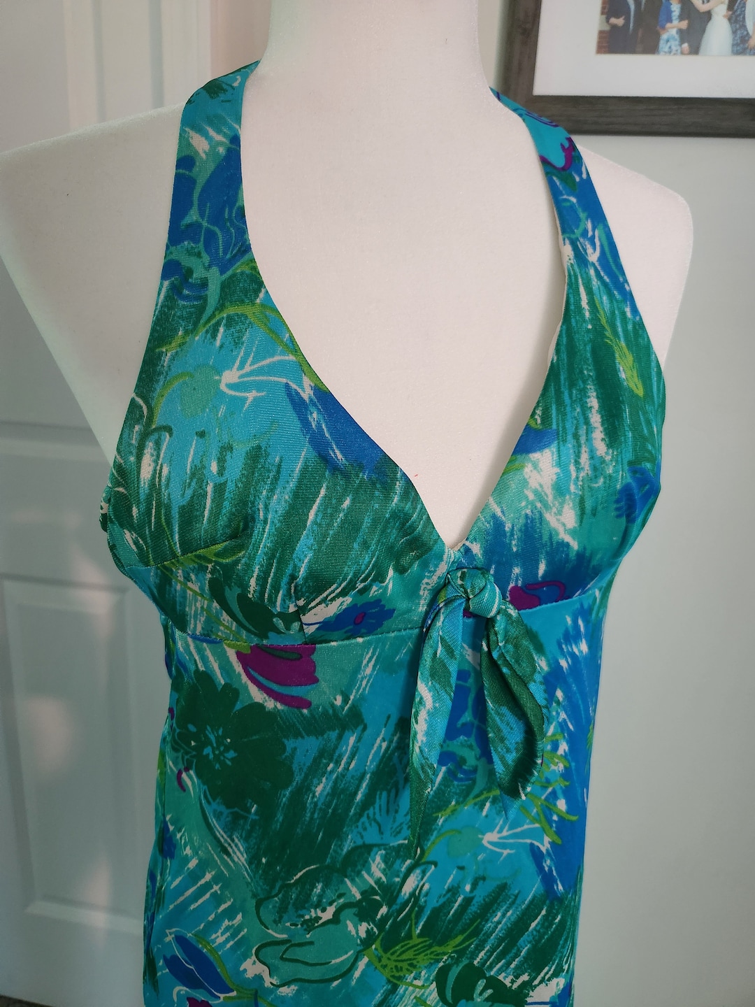 Swim 70s Floral Oceqn Blue Malibu Barbie Halter Dress Nylon - Etsy