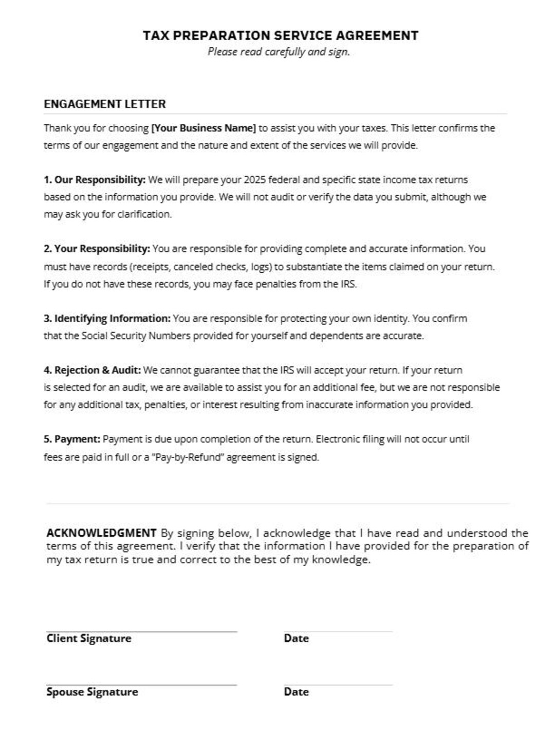 Tax Preparer Business Bundle | Client Intake Form & Service Agreement ...