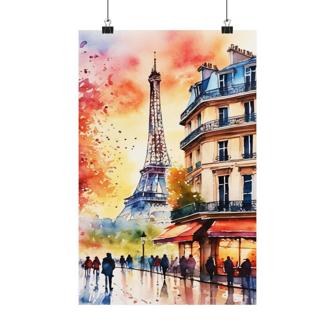 Paris Sunset Matte Vertical Poster in Watercolor, Beautiful Sunset in ...