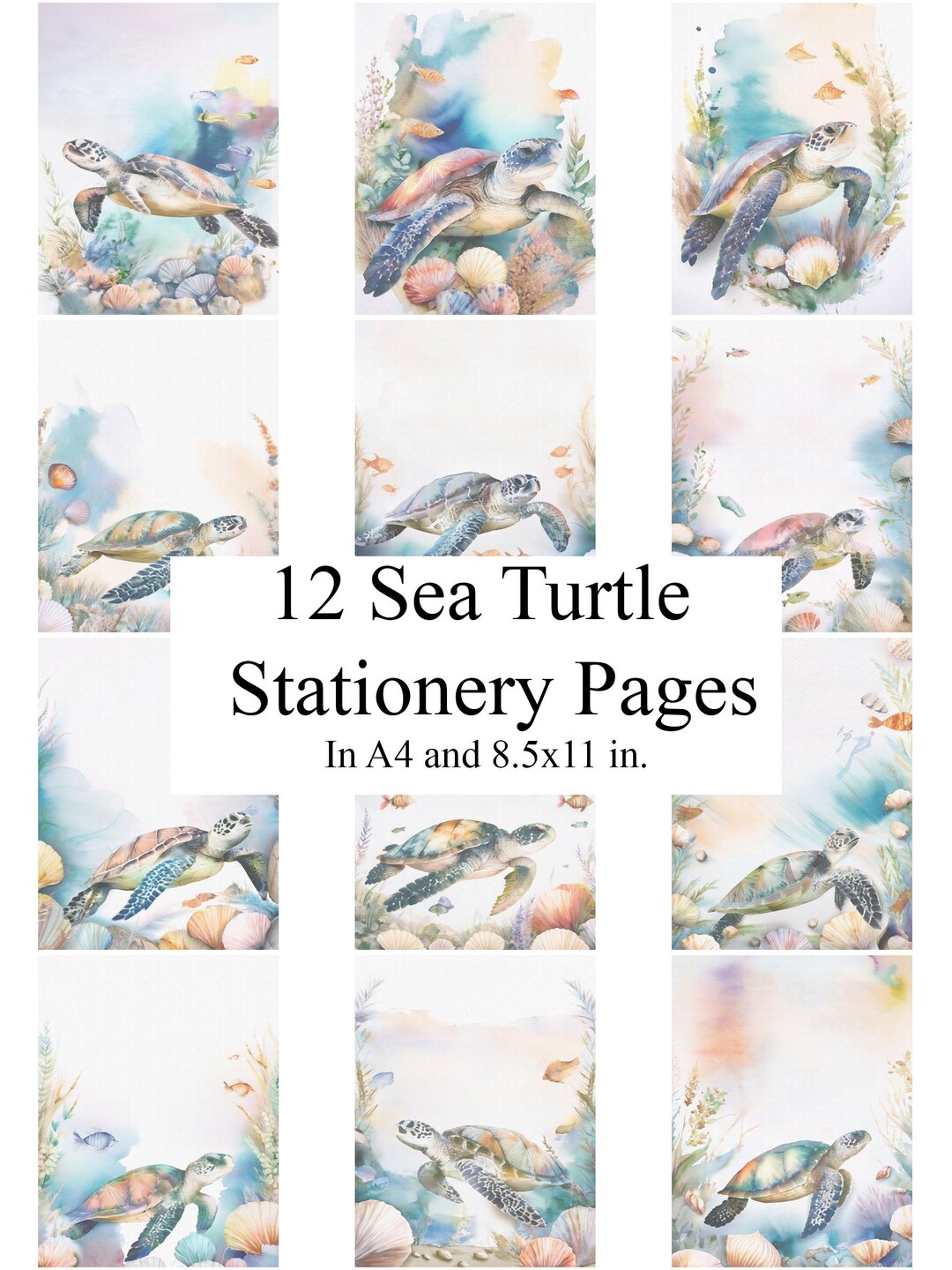 Beautiful Sea Turtle Stationery Set of 12 Pages, Instant Download Sea ...