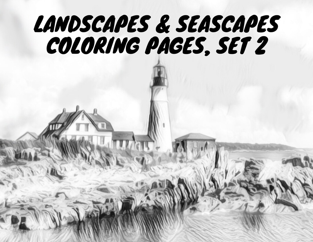 Landscapes & Seascapes Coloring Pages, Set 2, in Grayscale, Instant ...