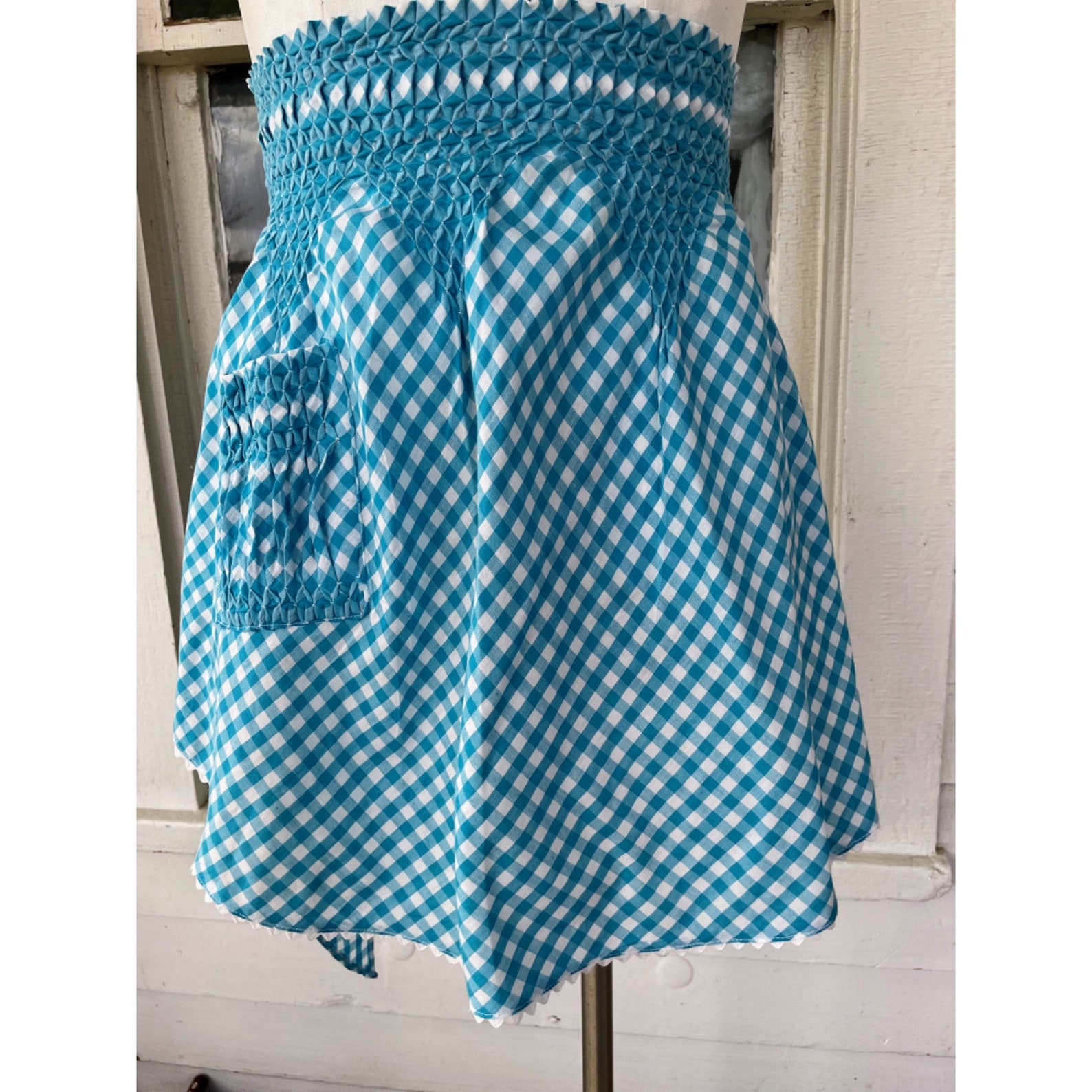 Vintage Turquoise Blue Gingham Check Smocked Half Apron - Etsy