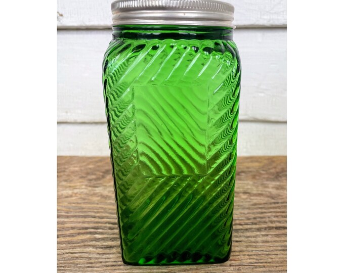Vintage 1930's Owens-illinois Diagonal Rib Square Green Glass Canister ...