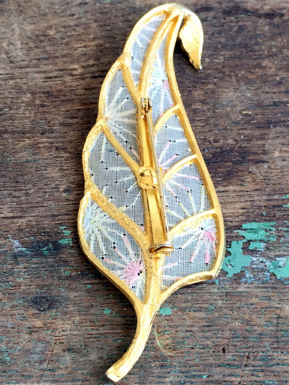 Vintage Large Leaf Brooch With Embroidery Floral Lace UNIQUE - Etsy