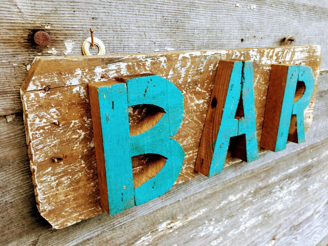 Vintage Wood BAR Sign Shabby Barn wood Turquoise Blue | Etsy