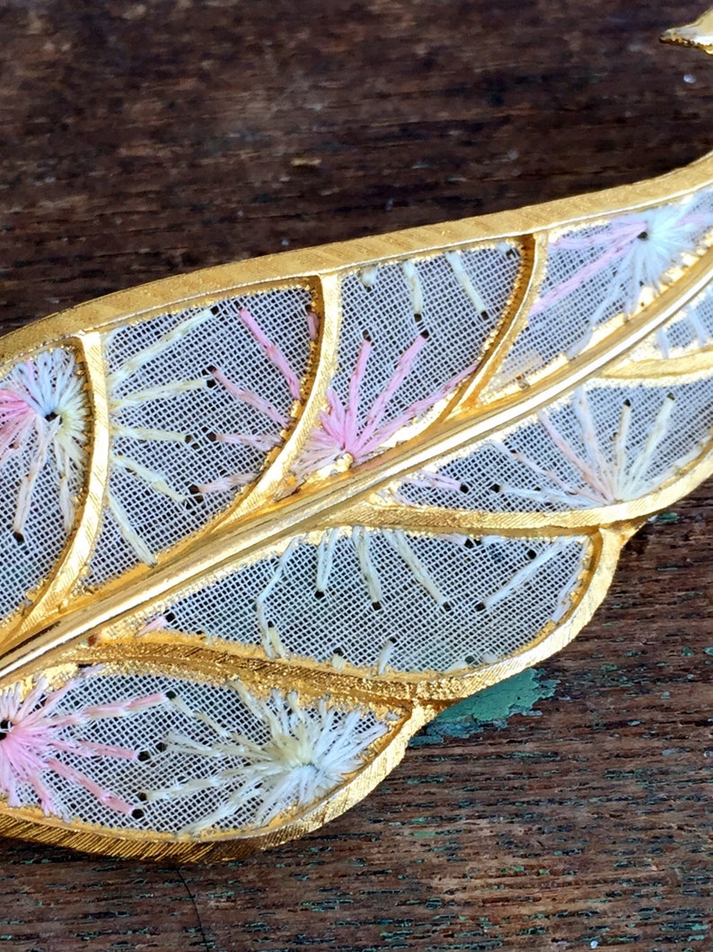 Vintage Large Leaf Brooch With Embroidery Floral Lace UNIQUE - Etsy