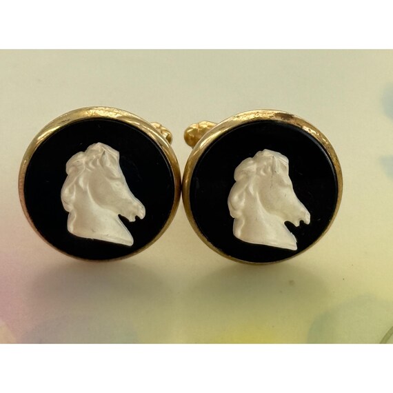 Vintage MCM Mens Cufflinks Porcelain Horse Head Bust - Gem