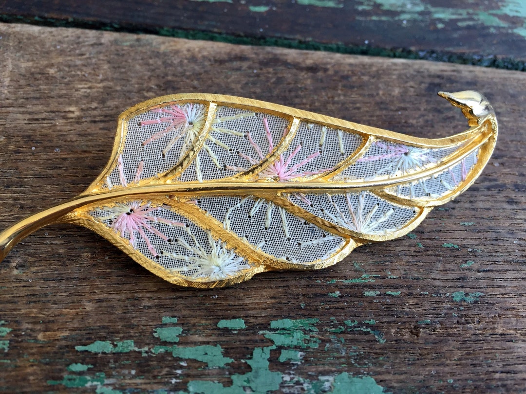 Vintage Large Leaf Brooch With Embroidery Floral Lace UNIQUE - Etsy