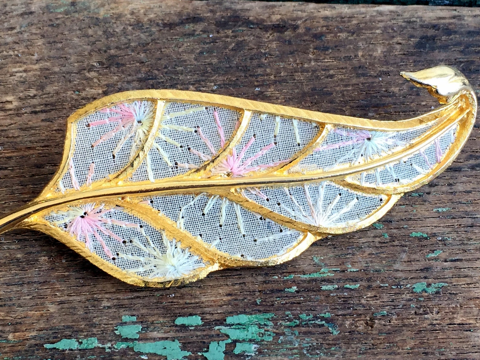 Vintage Large Leaf Brooch With Embroidery Floral Lace UNIQUE - Etsy