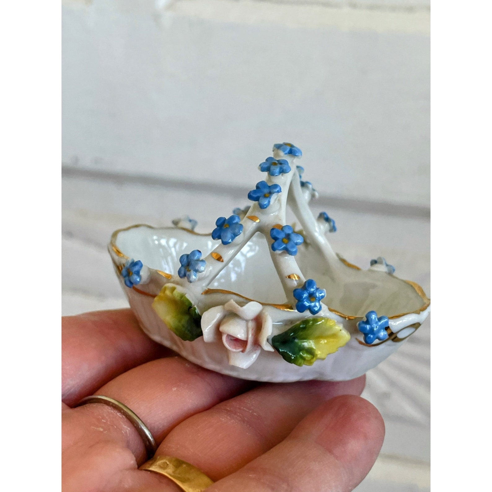Antique 2 Porcelain Rose & Forget Me Nots Trinket Basket Elfinware ...
