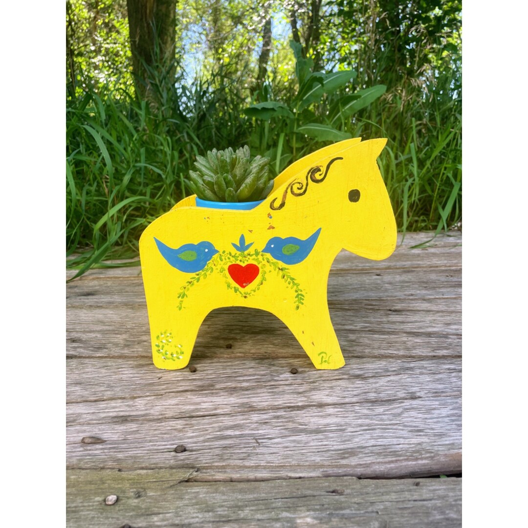 Vintage Dala Wood Wooden Horse Planter Stand Hand Painted Folk Art ...