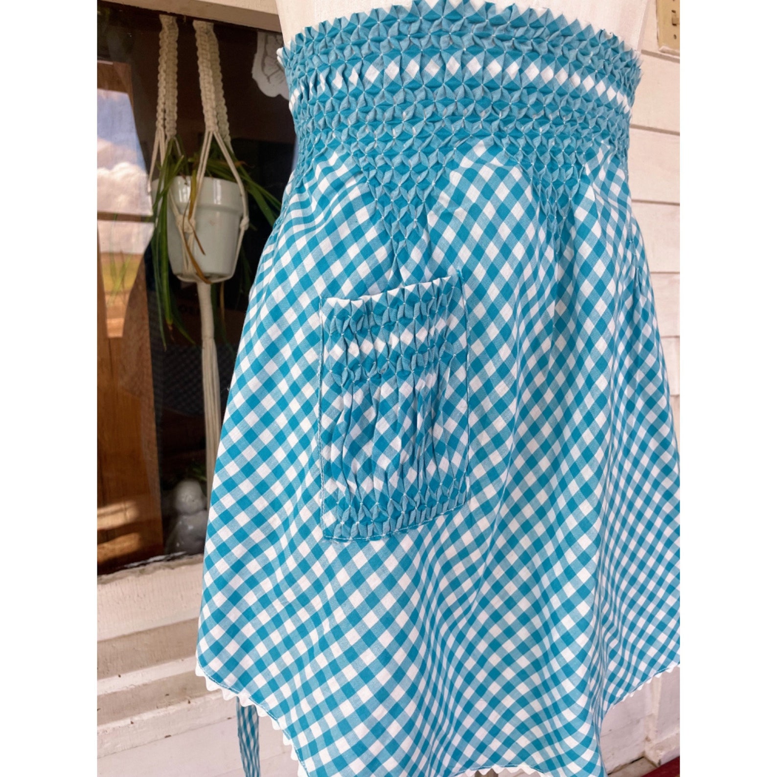 Vintage Turquoise Blue Gingham Check Smocked Half Apron - Etsy