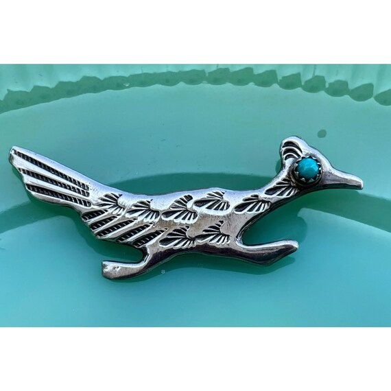 Navajo Silver Turquoise Road Runner Brooch, Stamped D… - Gem
