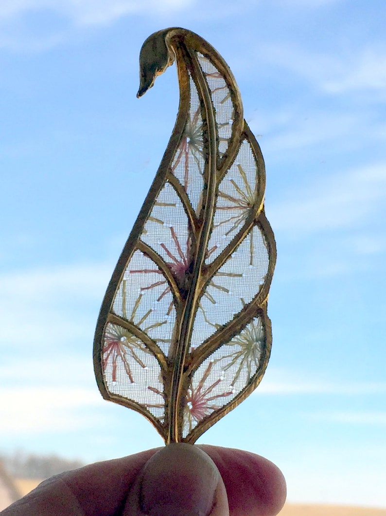 Vintage Large Leaf Brooch With Embroidery Floral Lace UNIQUE - Etsy