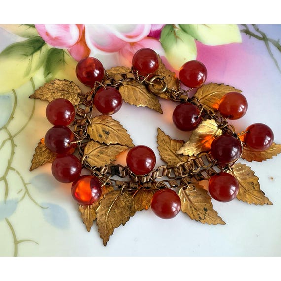 Antique 1930's Root beer Bakelite Beaded leaf dangles… - Gem