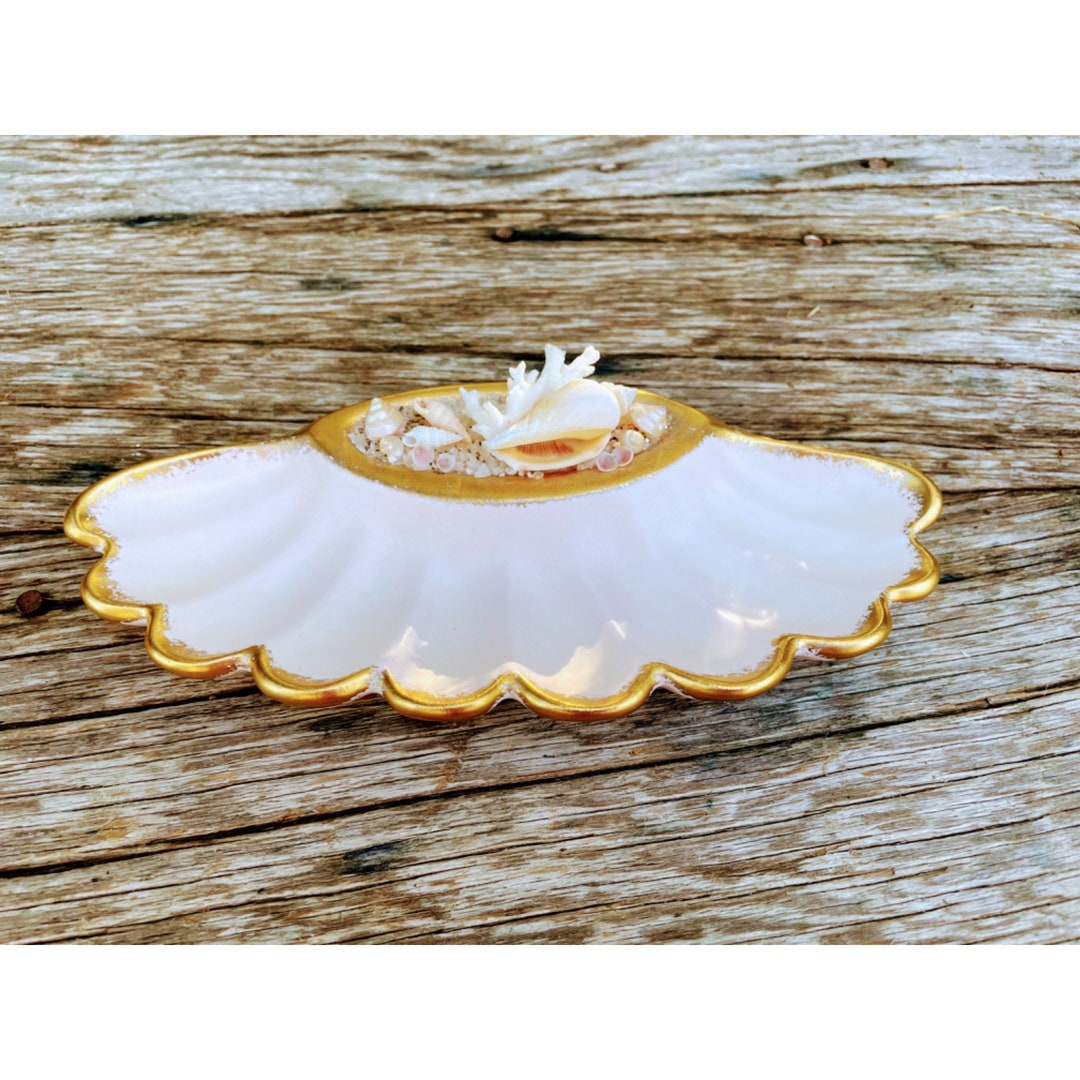 Vintage Pink Ceramic Shell Shape Trinket Dish With Real Coral Glass ...