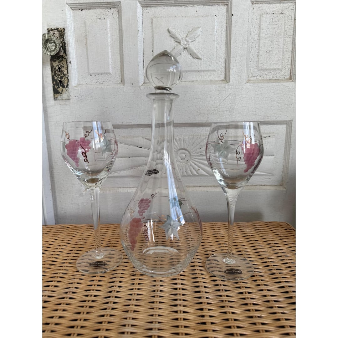 Vintage 80's Romania Crystal Etched Grapes Wine Decanter 2 Glasses - Etsy